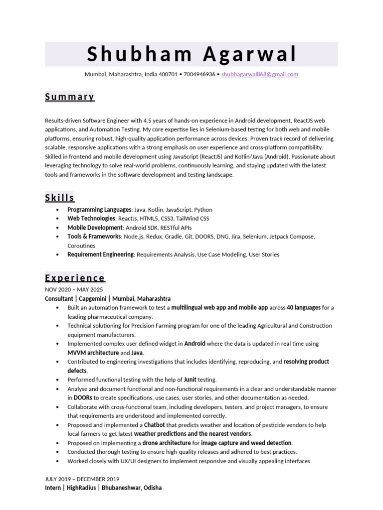 Resume Shubham 20 05 2025 | PDF | Android (Operating System) | Mobile App