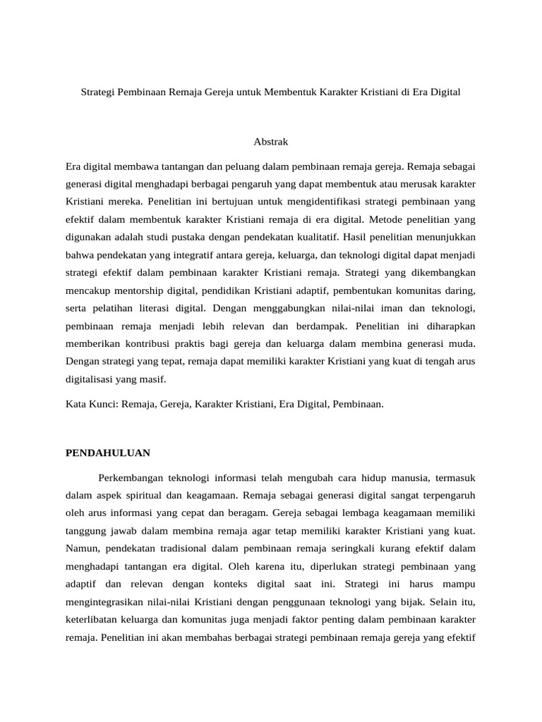 Strategi Pembinaan Remaja Gereja Untuk Membentuk Karakter Kristiani Di ...