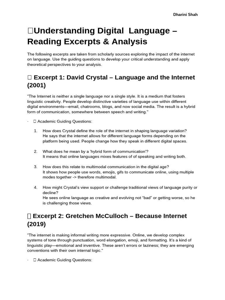Understanding Digital Language - Reading Excerpts & Analysis | PDF ...