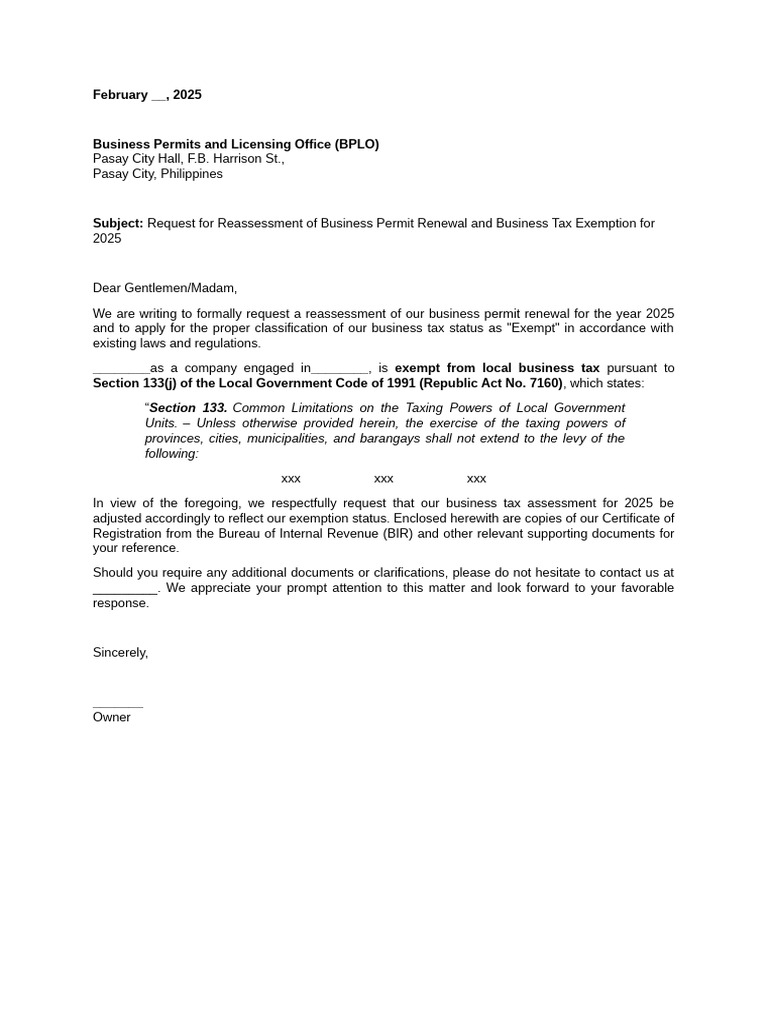 Business Permit Renewal Reassessment Request | PDF
