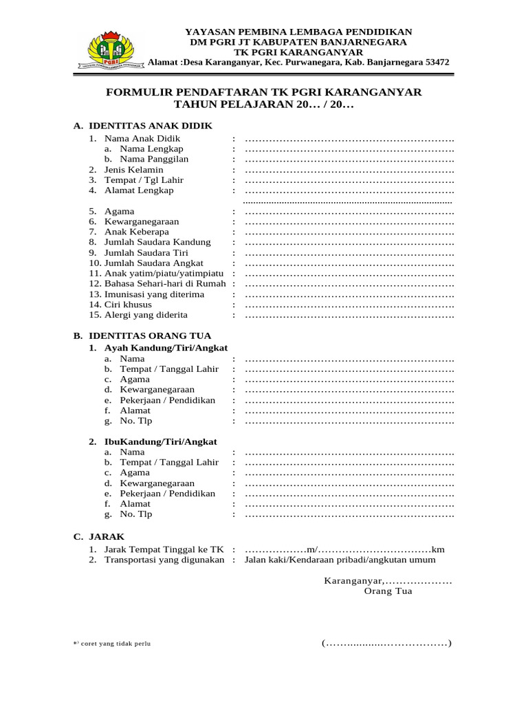 Formulir Pendaftaran TK PGRI Karanganyar | PDF