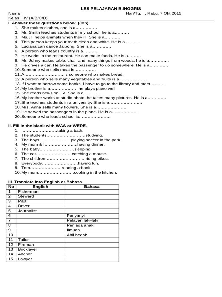LES PELAJARAN B Ing Kls 4 UTS | PDF