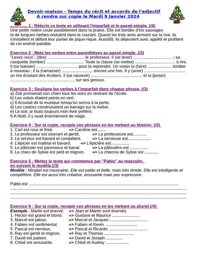 Devoir sur le récit et accords adjectivaux | PDF | Linguistique | Grammaire