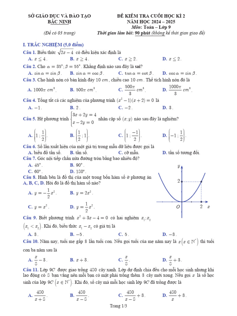 De Kiem Tra Cuoi Hoc Ki 2 Toan 9 Nam 2024 2025 So GDDT Bac Ninh Trang 1 | PDF