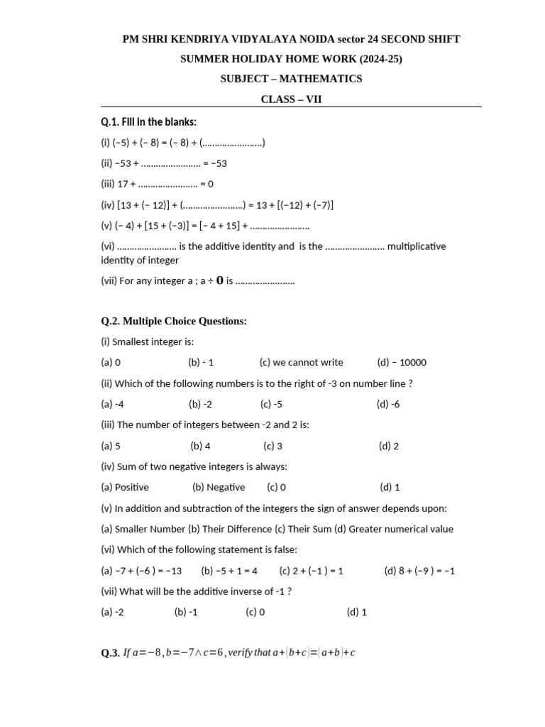 Noida Class 7 Summer Holiday Homework | PDF | Integer | Numbers
