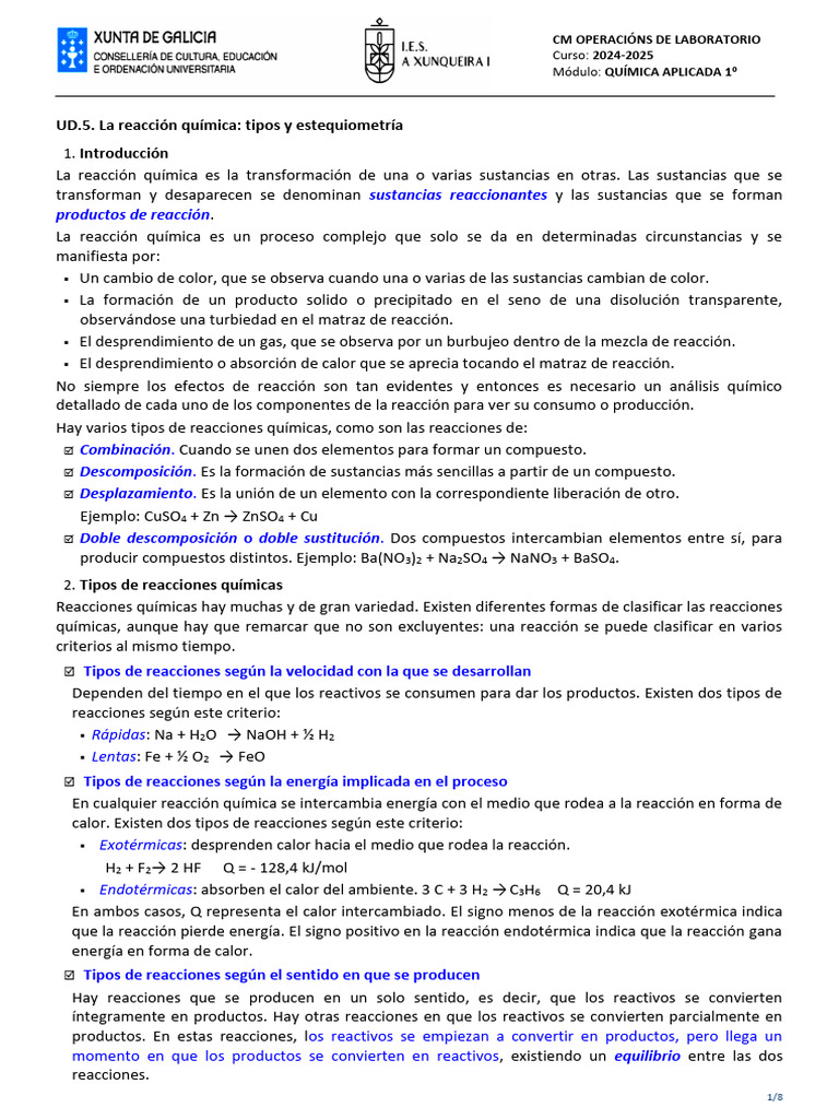 QA. UD5. Reacción química. Estequiometría | PDF | Reacciones químicas | Estequiometría
