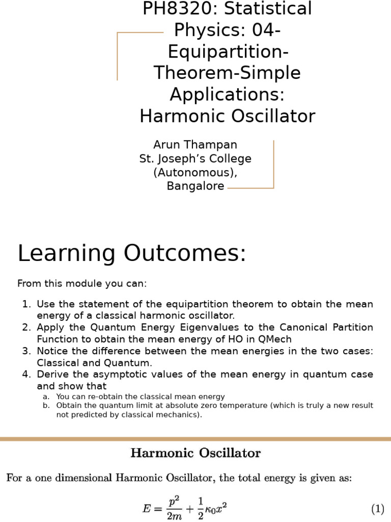 PH8320 0405 03 Equipartition Theorem Applications 03 Harmonic Oscillator | PDF
