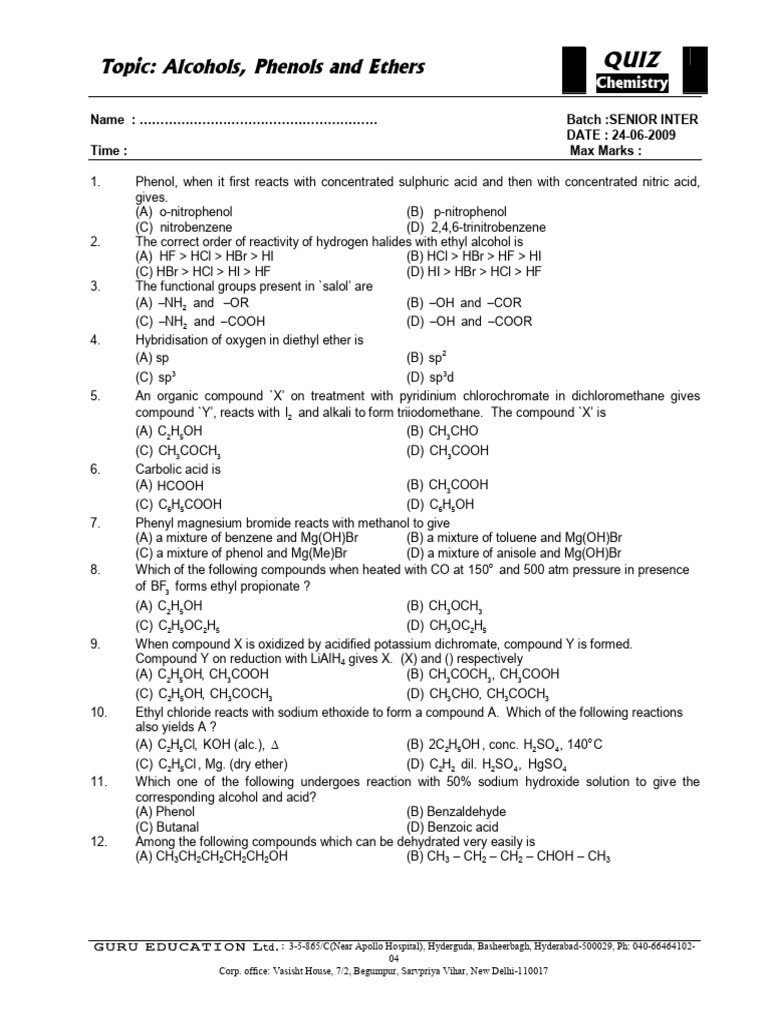 Alcohols, Phenols and Ethers | PDF | Ethanol | Ether