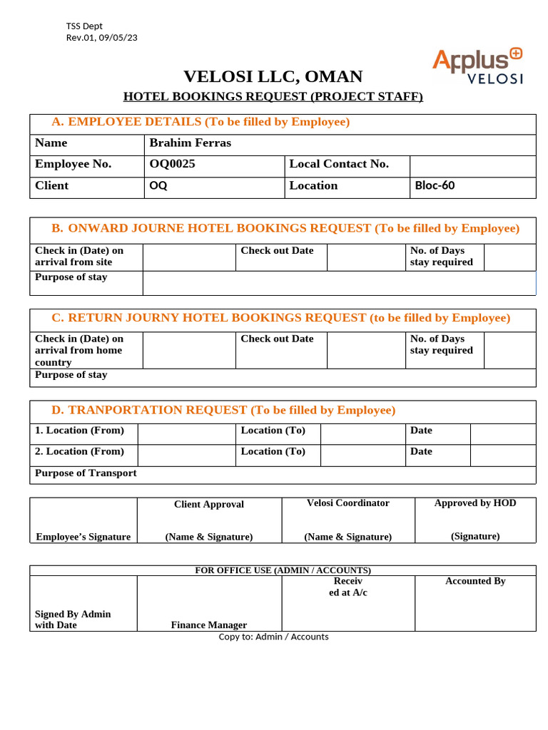 Hotel Booking Request Form for Staff | PDF