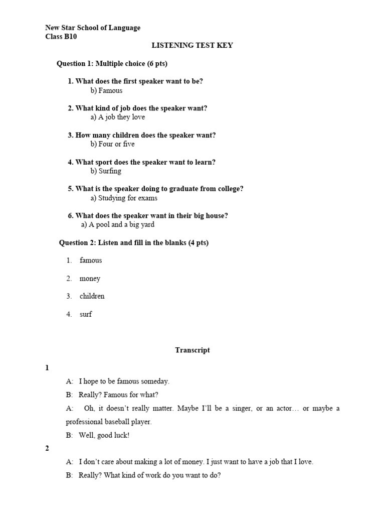 Class B10 - Listening Test Key and Script | PDF