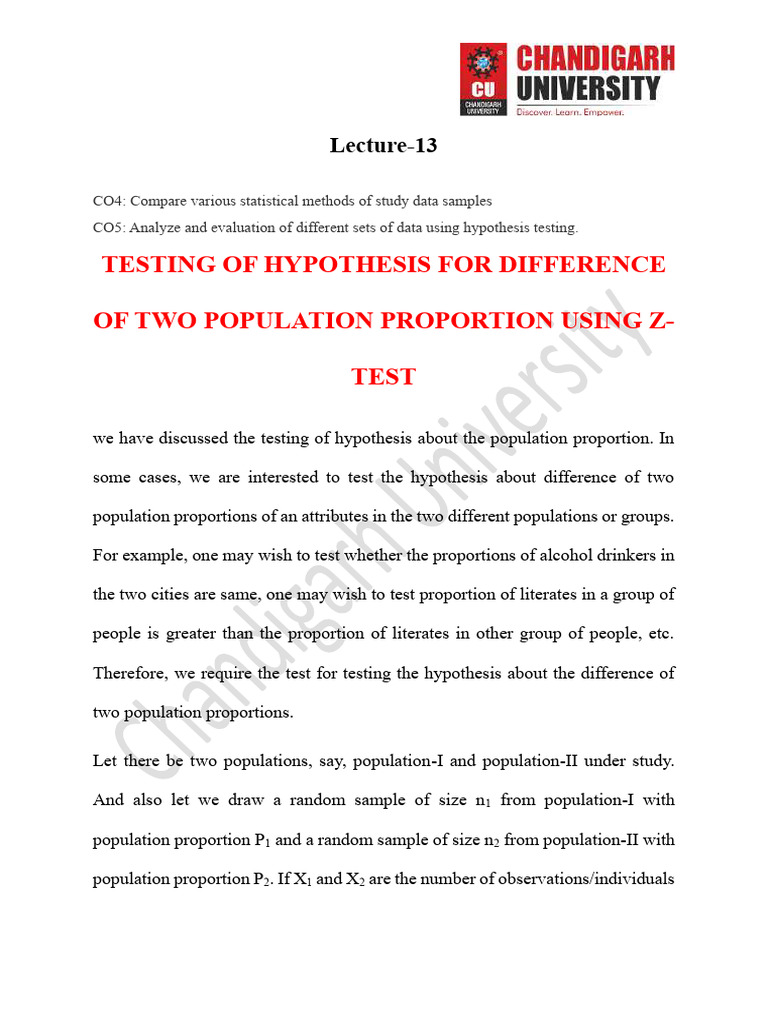 Lecture-13 (Test For Difference of Two Population Proportions) | PDF ...