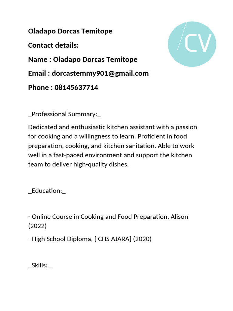Entry-Level Kitchen Assistant Resume | PDF