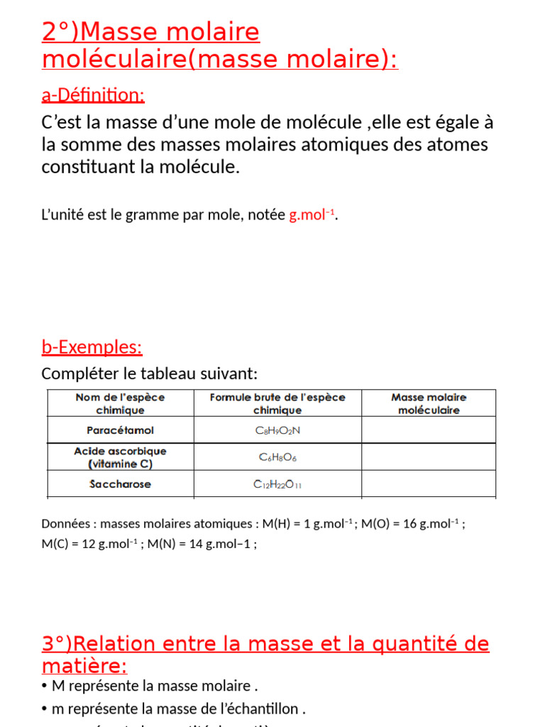 Définition et calcul de la masse molaire | PDF