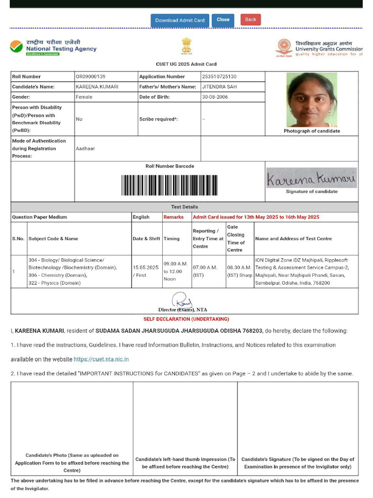 Cuet Admit Card | PDF