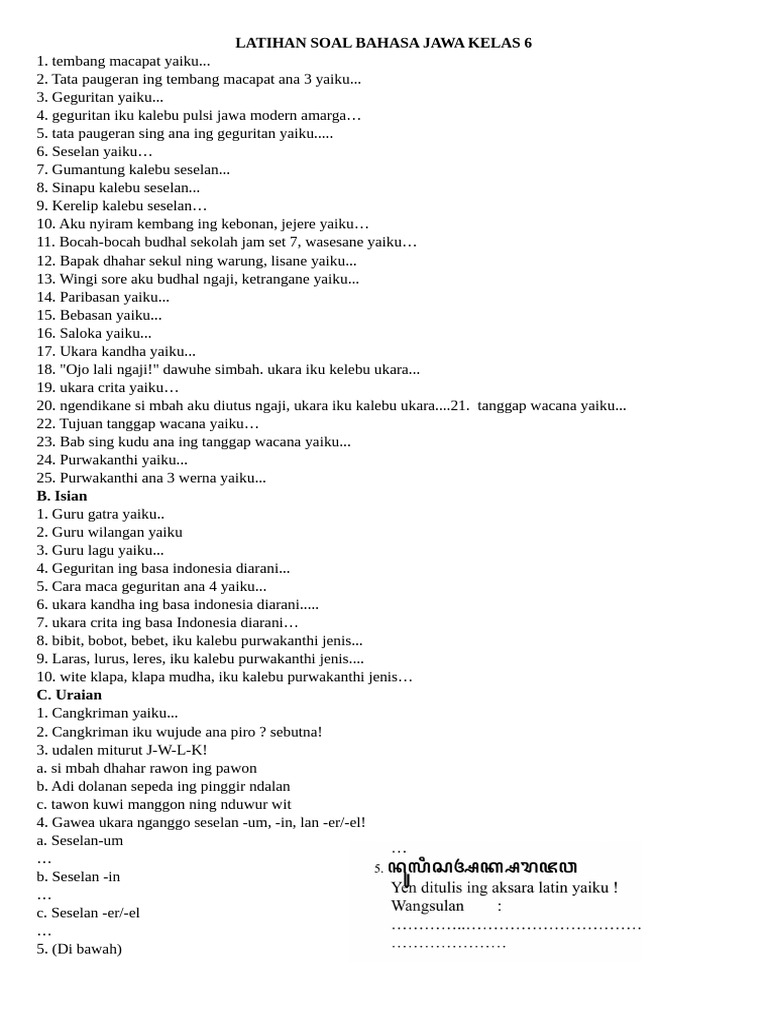 Latihan Soal Bahasa Jawa Kelas 6 | PDF