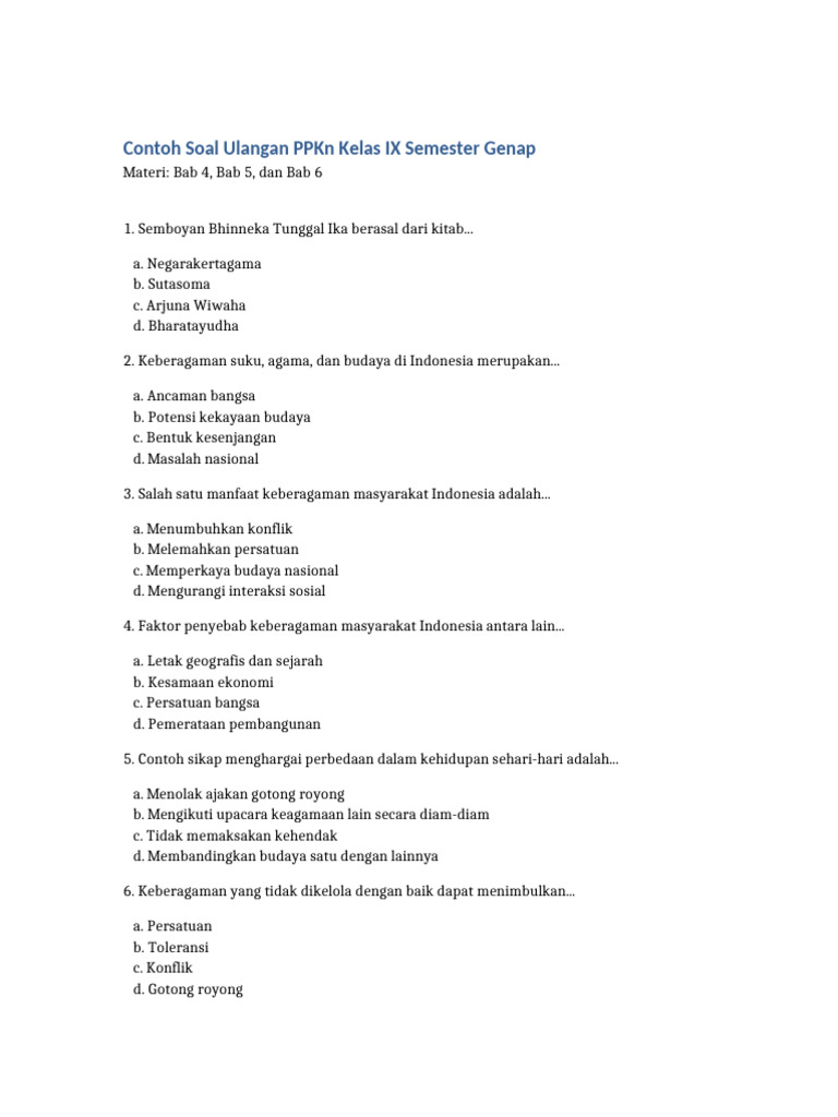 Contoh Soal Ulangan PPKN Kelas IX Semester Genap | PDF