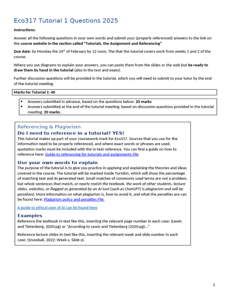 Eco317 Tutorial 1 Questions 2025 | PDF | Turnitin | Economies