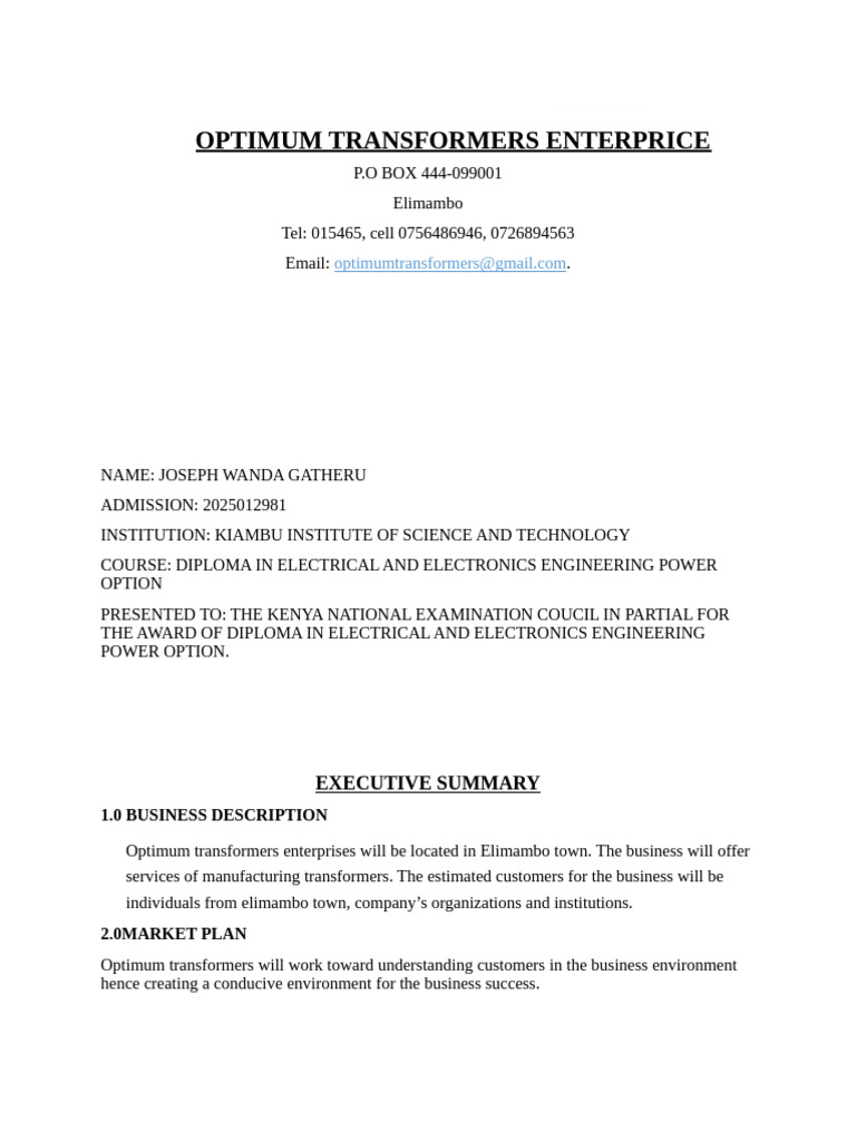 Optimum Transformers Enterprice: Executive Summary | PDF