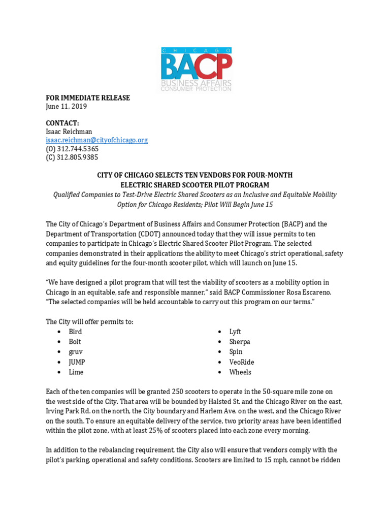 CoC Selects Ten Vendors For Four-Month Electric Shared Scooter Pilot Program | PDF | Emission ...