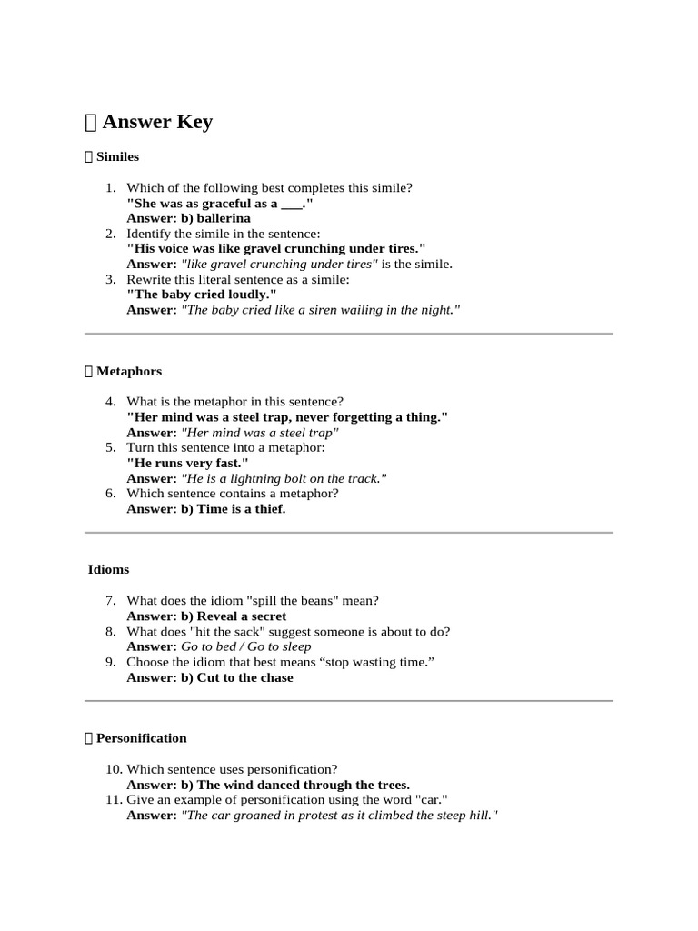 Figurative Language Answer Key | PDF | Idiom