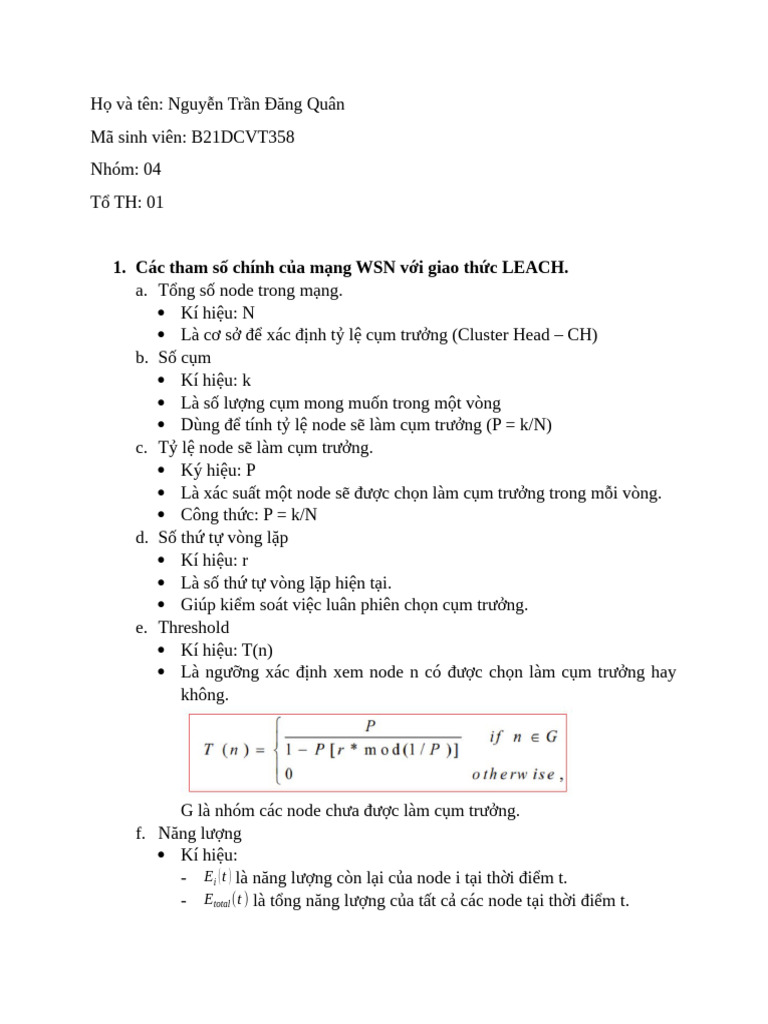 Bài 1 Báo Cáo WSN LEACH | PDF