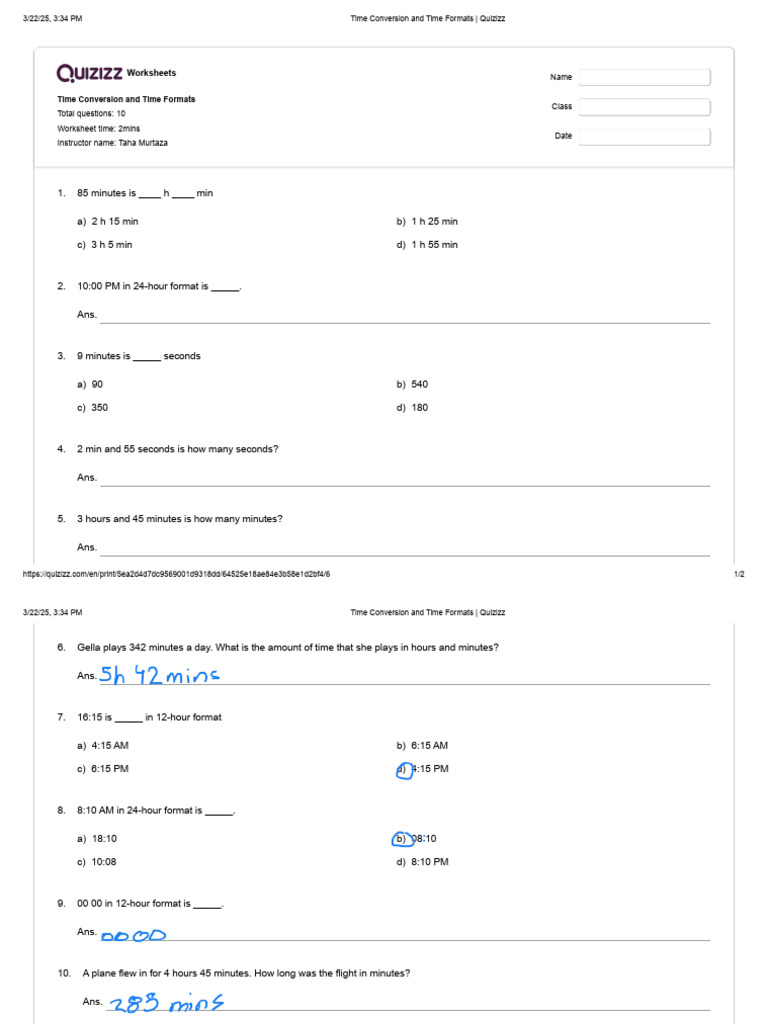 Quizizz - Time Conversion and Time Formats | PDF