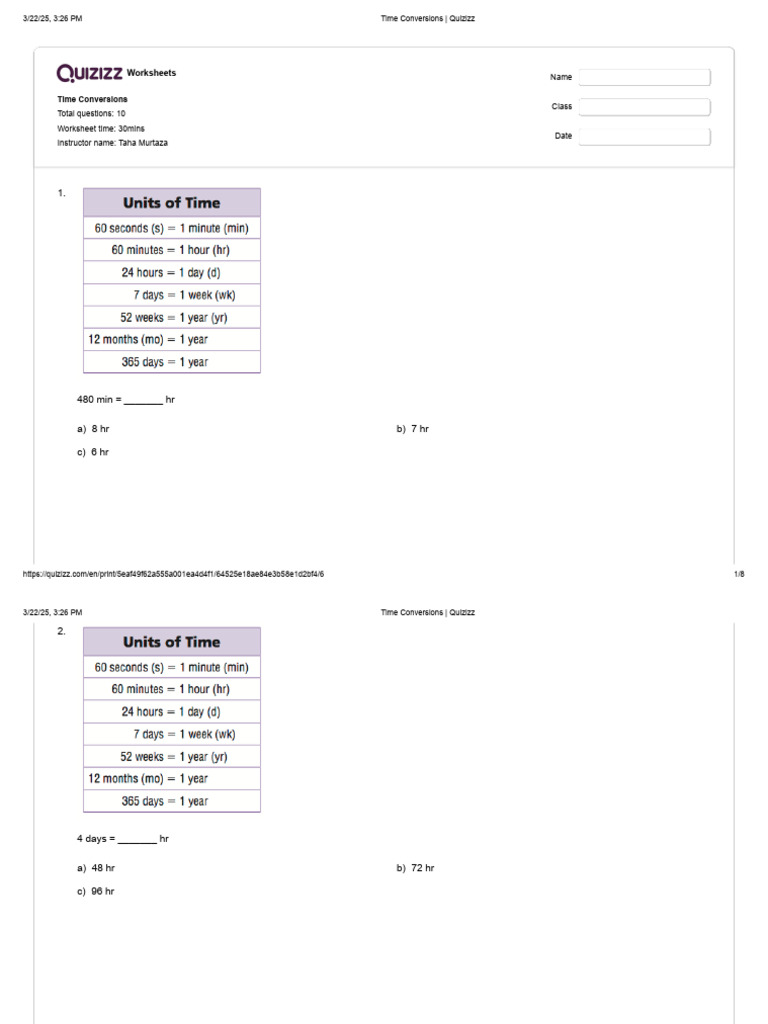 Quizizz - Time Conversions | PDF