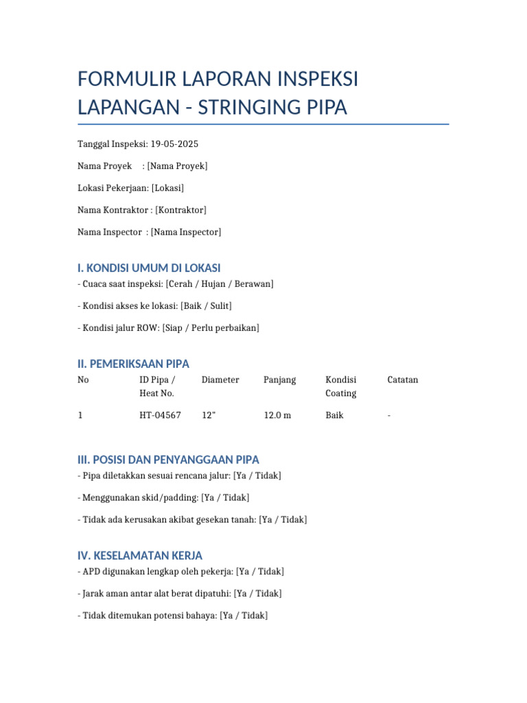 Sample Inspeksi Stringing Alternatif | PDF