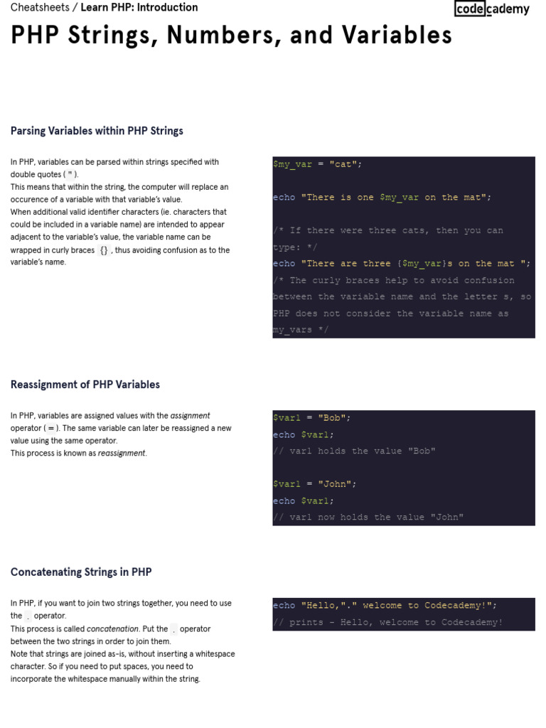 Learn PHP_ Introduction_ PHP Strings, Numbers, and Variables Cheatsheet _ Codecademy | PDF ...