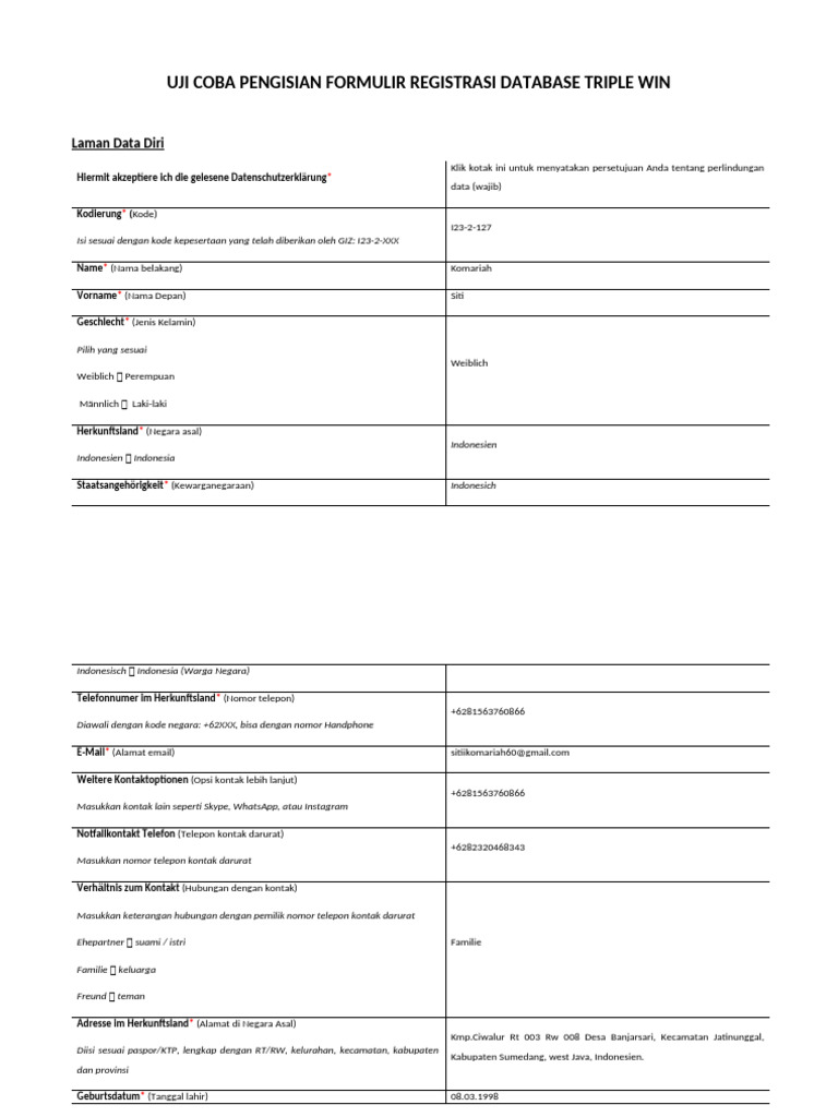 Formulir Uji Coba Pengisian TW Database Untuk Peserta Batch 4 | PDF