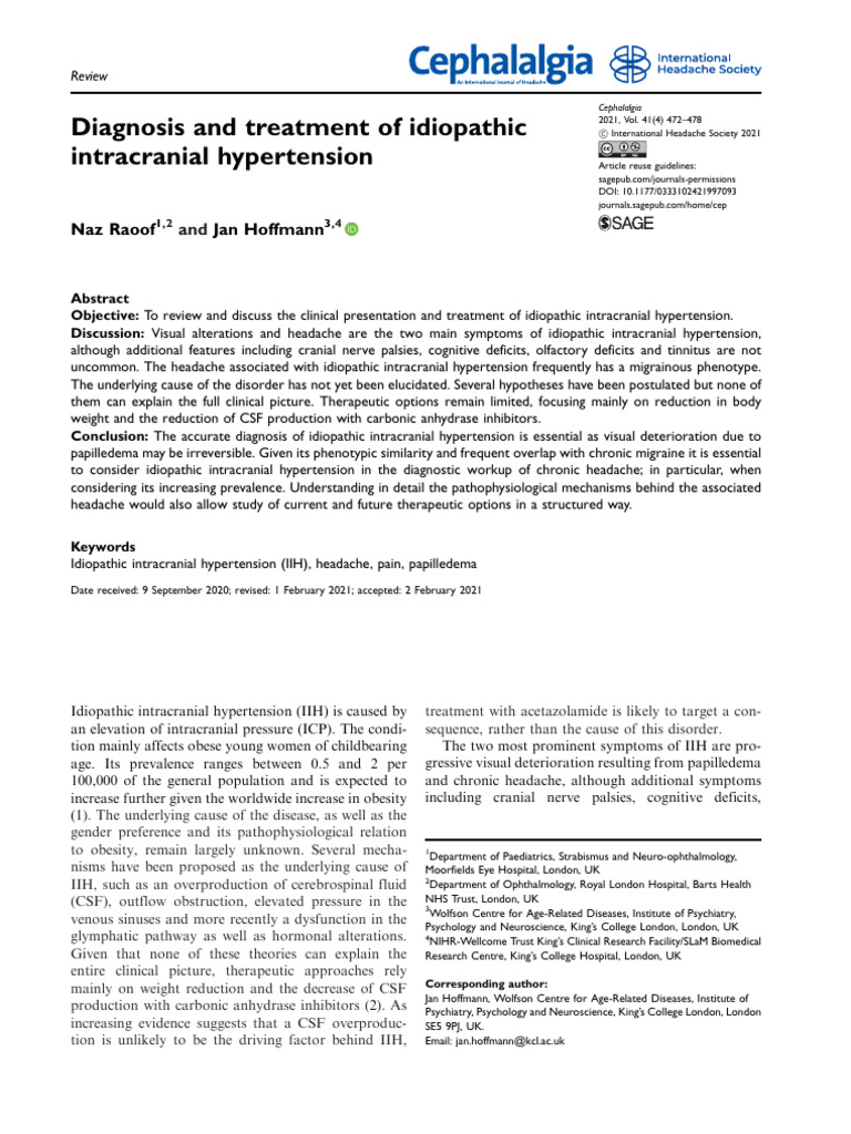 Idiopathic Intracranial Hypertension Review | PDF | Headache | Hypertension