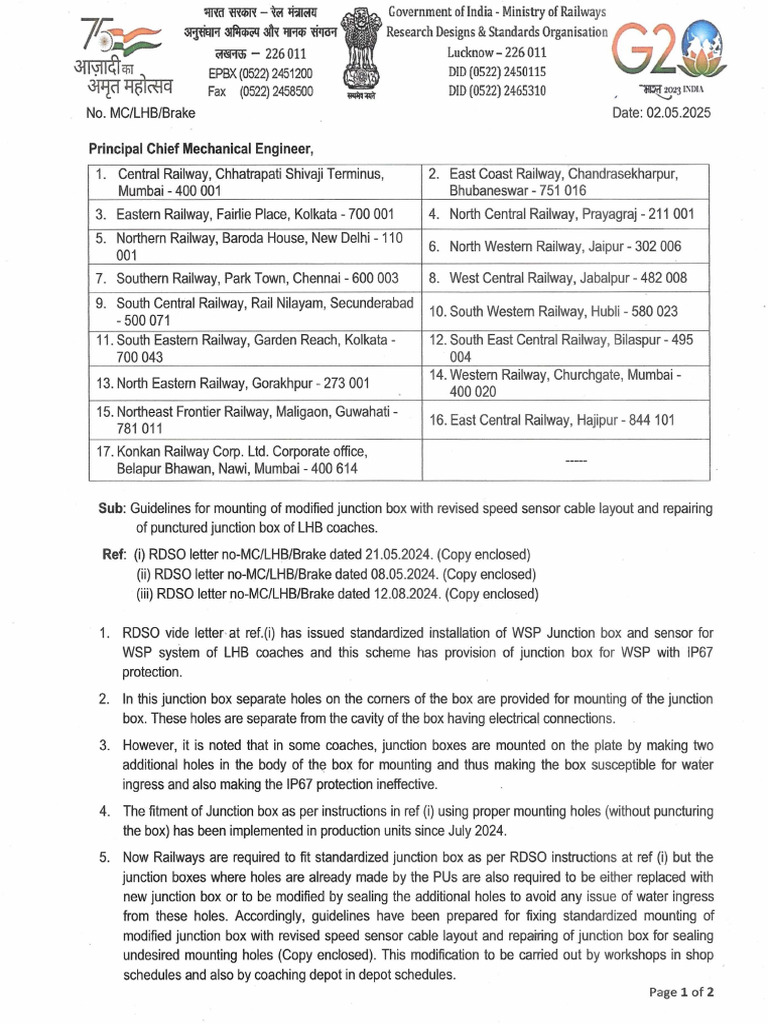 RDSO Letter To ZRs - Guidelines For Punctured Junction Box Dated 02.05. ...