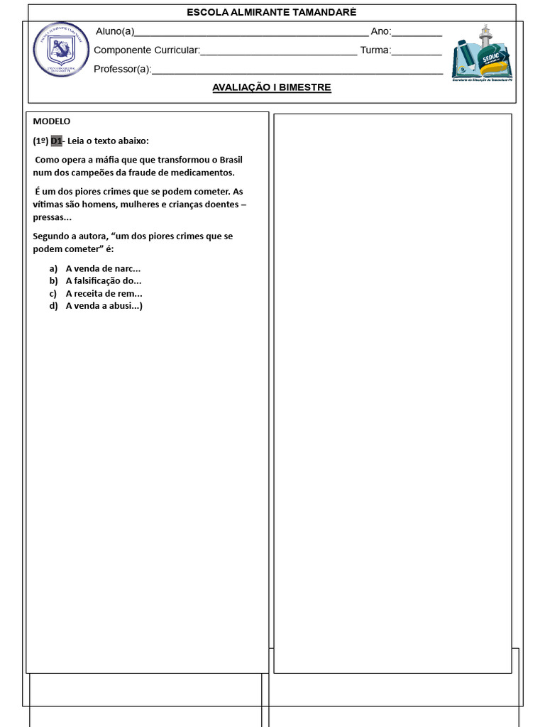 Modelo DE PROVA I BIMESTRE (2) | PDF
