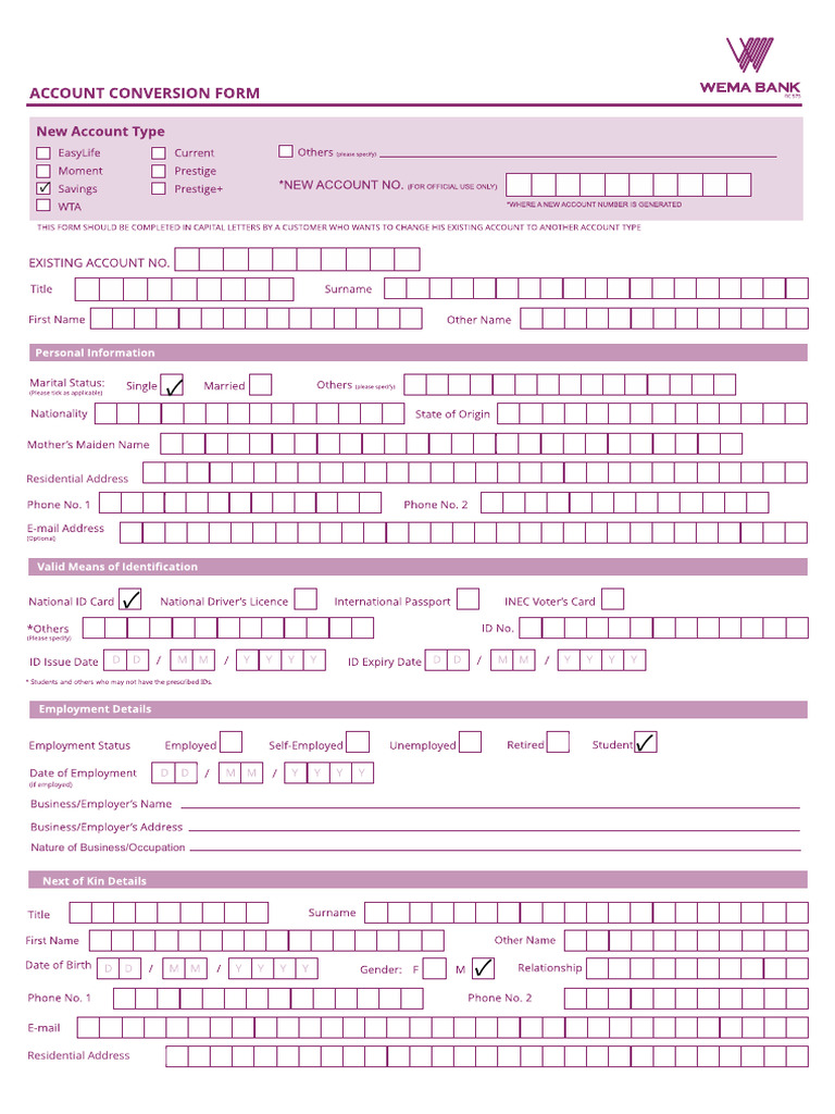 WEMA Account Upgrade or Conversion Form 1 | PDF | Identity Document | Authentication