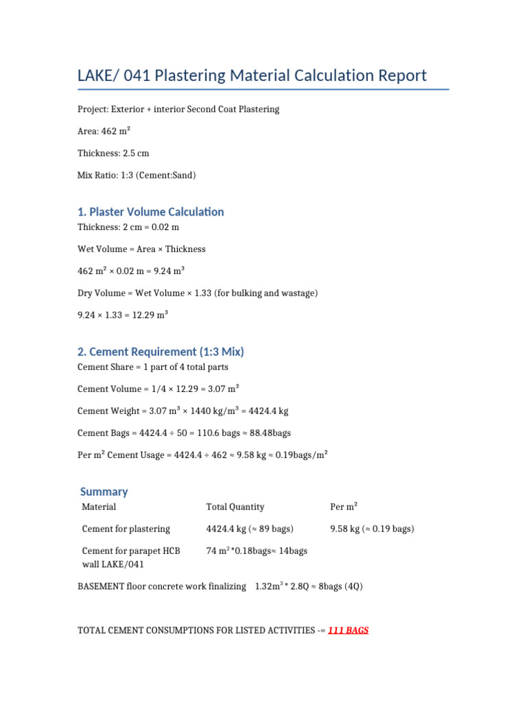 Plastering Material Calculation | PDF