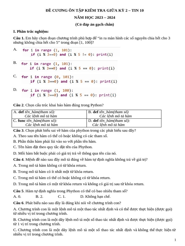 ĐỀ-CƯƠNG-ÔN-TẬP-GK2_TIN10-CHINH-THUC | PDF