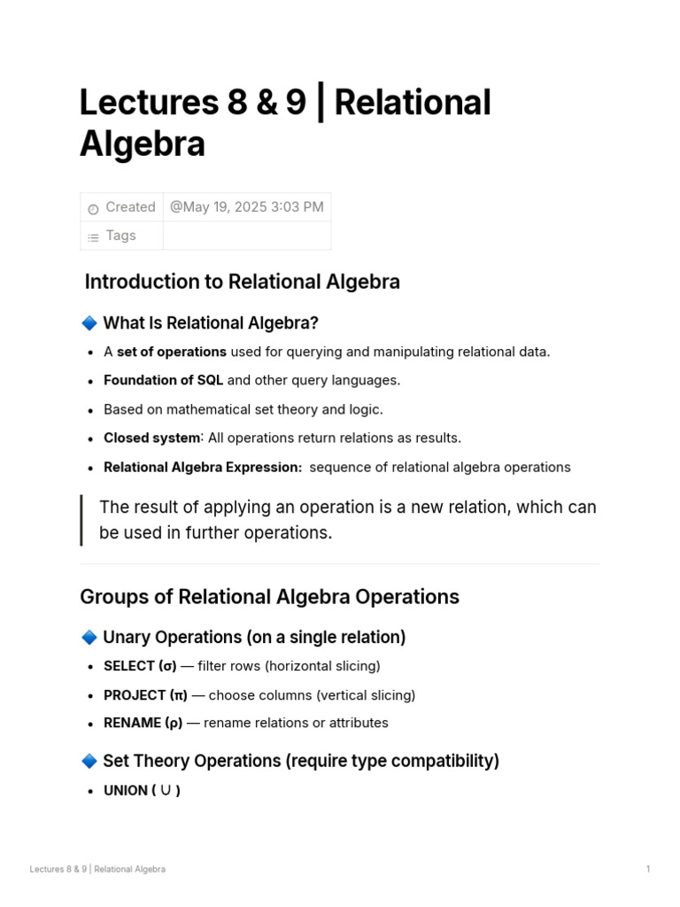 Lectures_8 and 9__Relational_Algebra | PDF | Relational Model | Databases