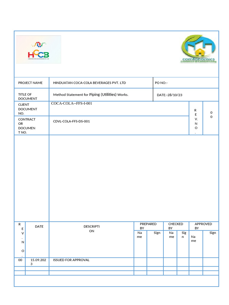 Method Statement FFS Works - For Cocacola R1 | PDF | Welding | Construction