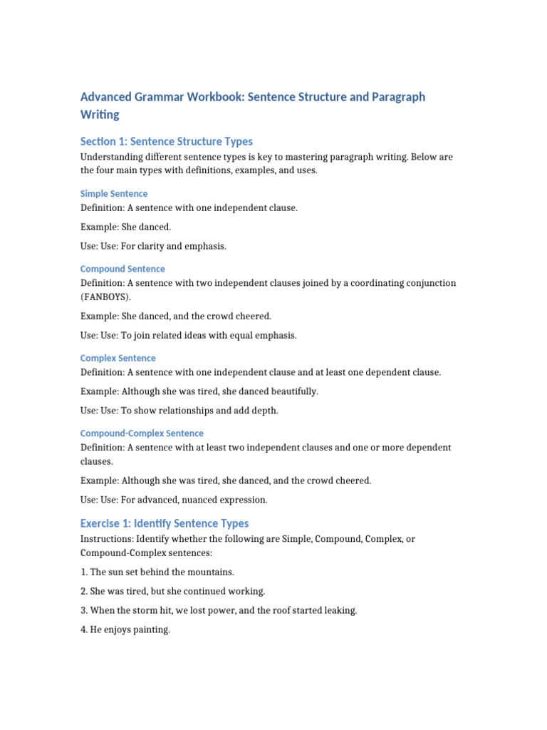 Advanced Grammar Workbook Sentence Paragraph | PDF | Sentence ...
