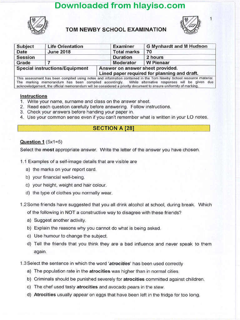 Grade-7-LO-exam 2018 June - Hlayiso - Com | PDF