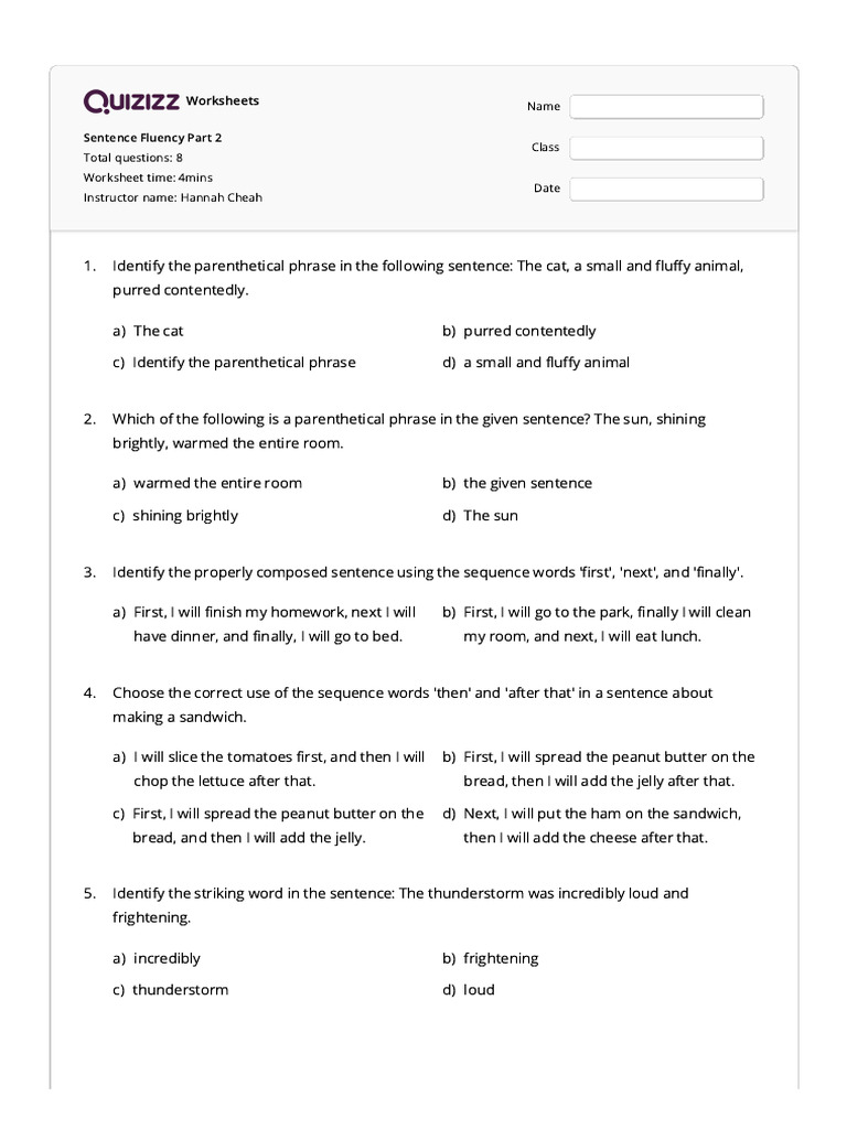 Sentence Fluency Part 2 - Quizizz | PDF