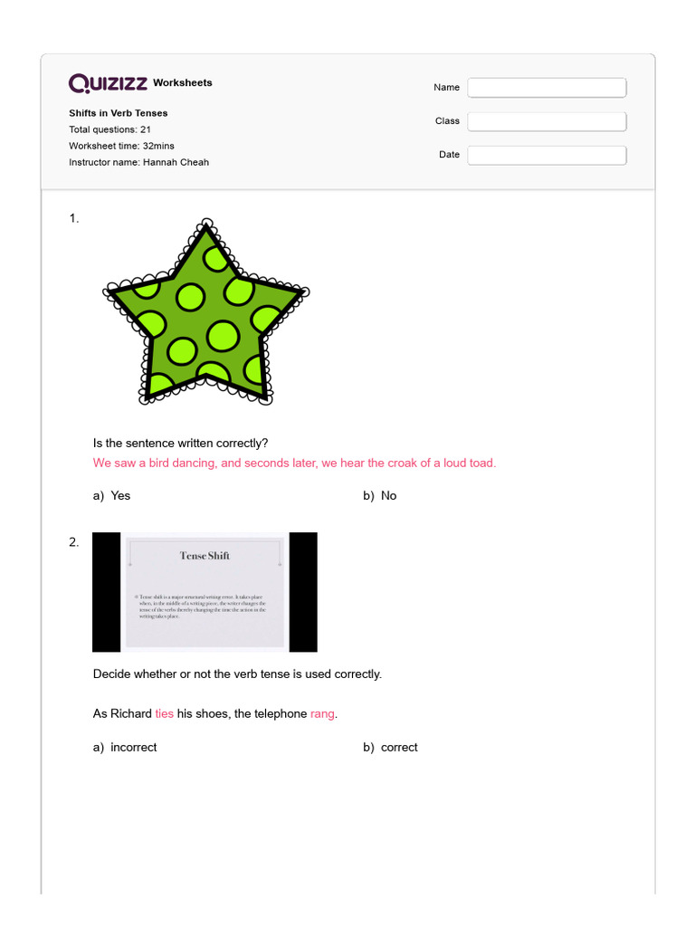 Shifts in Verb Tenses - Quizizz | PDF | Syntactic Relationships | Grammar