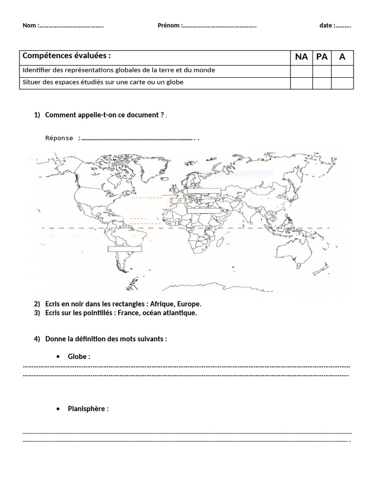 Évaluation sur le Planisphère CE1 | PDF