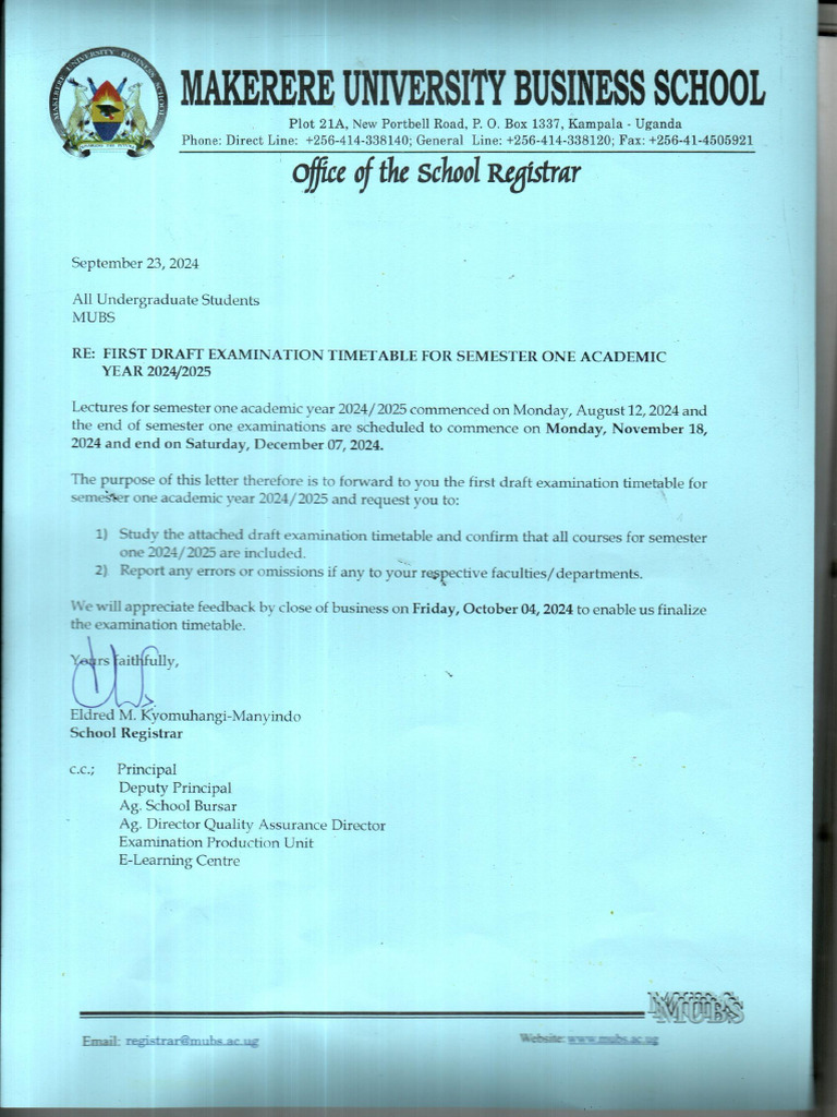 Cover Letter - First Draft Examination Timetable For Semester One AY ...