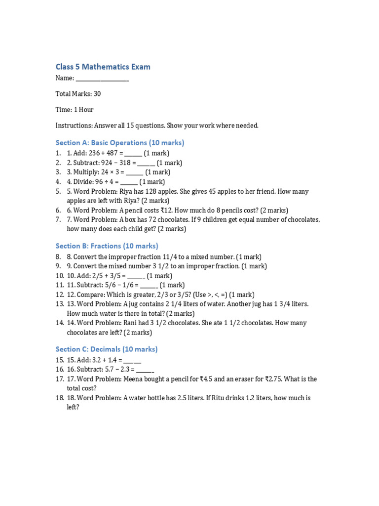 Class 5 Math Exam | PDF