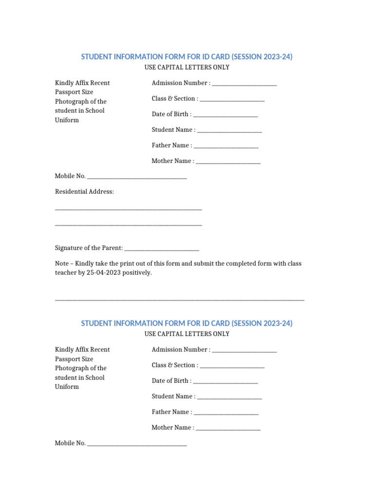 STUDENT INFO FORM FOR ID CARD 2023-24 | PDF