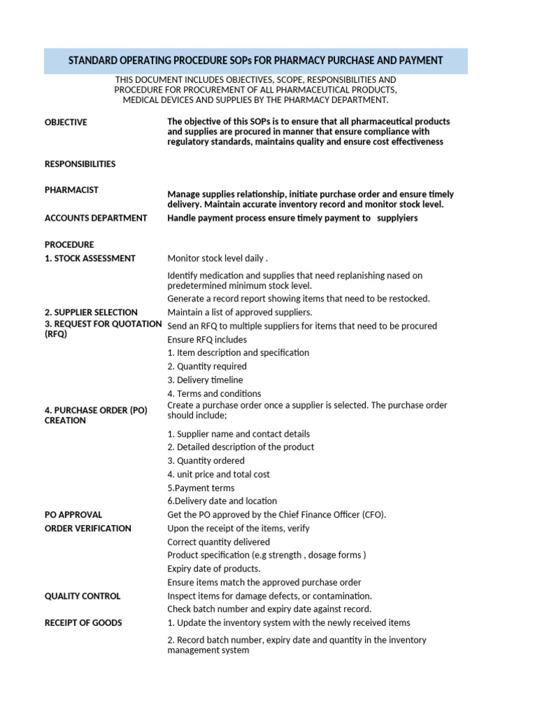 Pharmacy Purchase SOP and Procedures | PDF | Procurement | Pharmacy