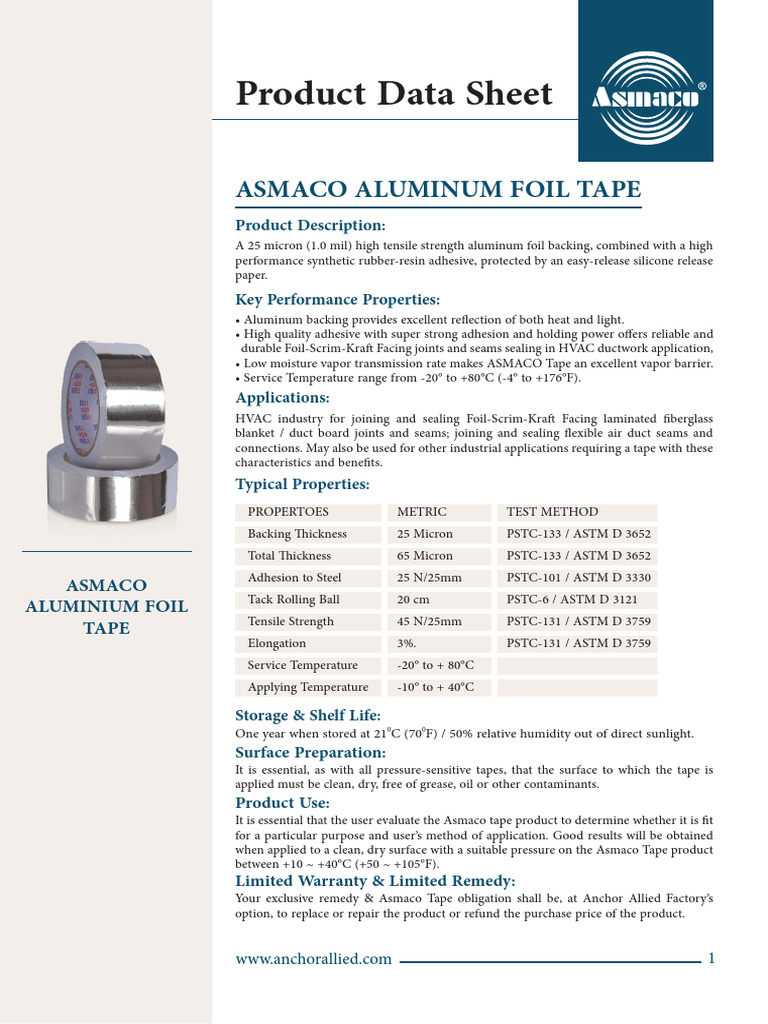 ASMACO Aluminium Foil Tape Data Sheet | PDF | Duct (Flow) | Building ...
