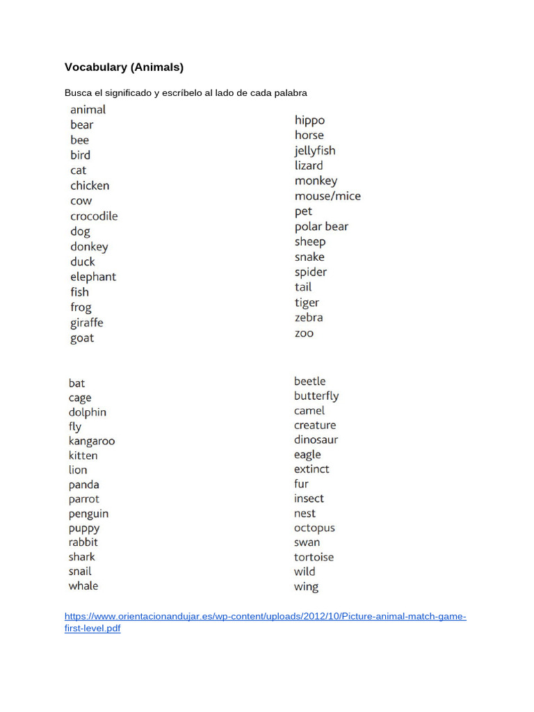 Vocabulary (Animals) | PDF