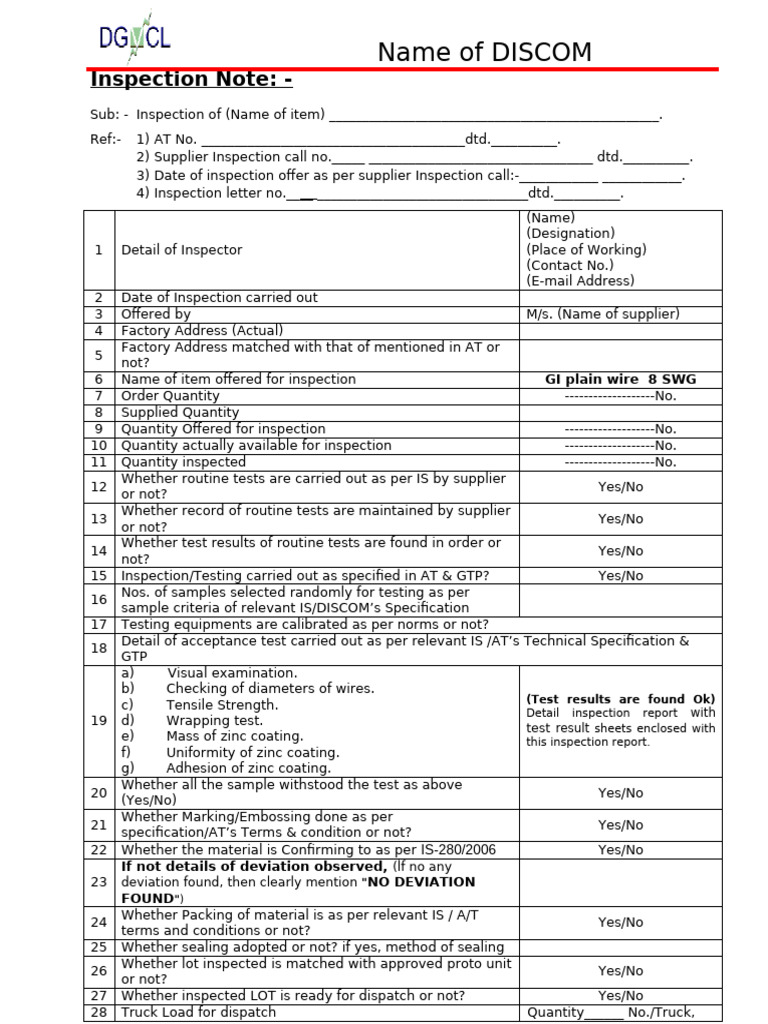Common Inspection Note GI 8 PLAIN wire | PDF | Mechanical Engineering ...